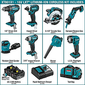Makita XT801X1 18V LXT Lithium-Ion Cordless 8-Pc. Combo Kit (3.0Ah)