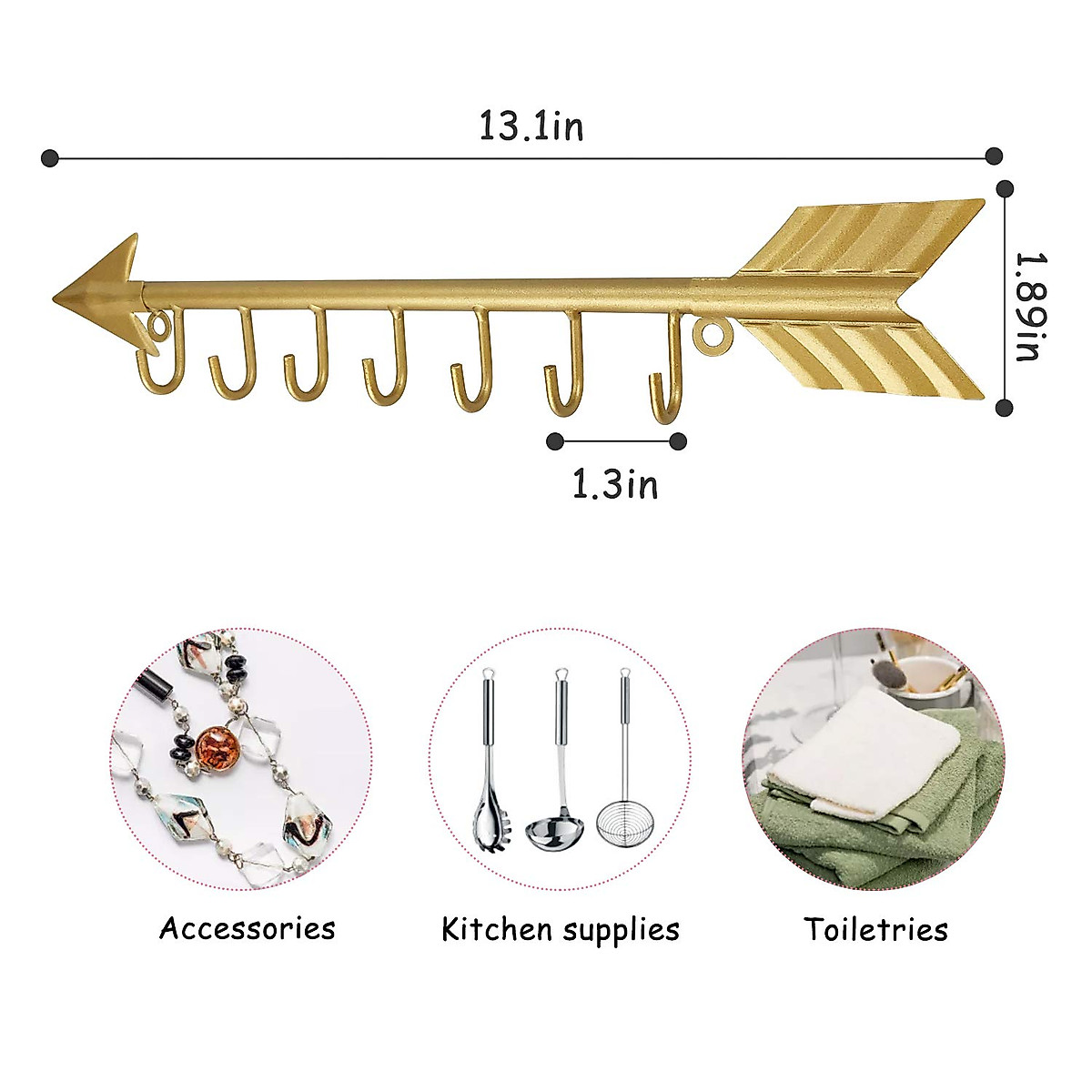 Urban Deco Wall Mounted Arrow Shaped Jewelry Organizer Key Holders– 7 Hooks Metal Necklace Hanging Holder for Girls and Women (Black)