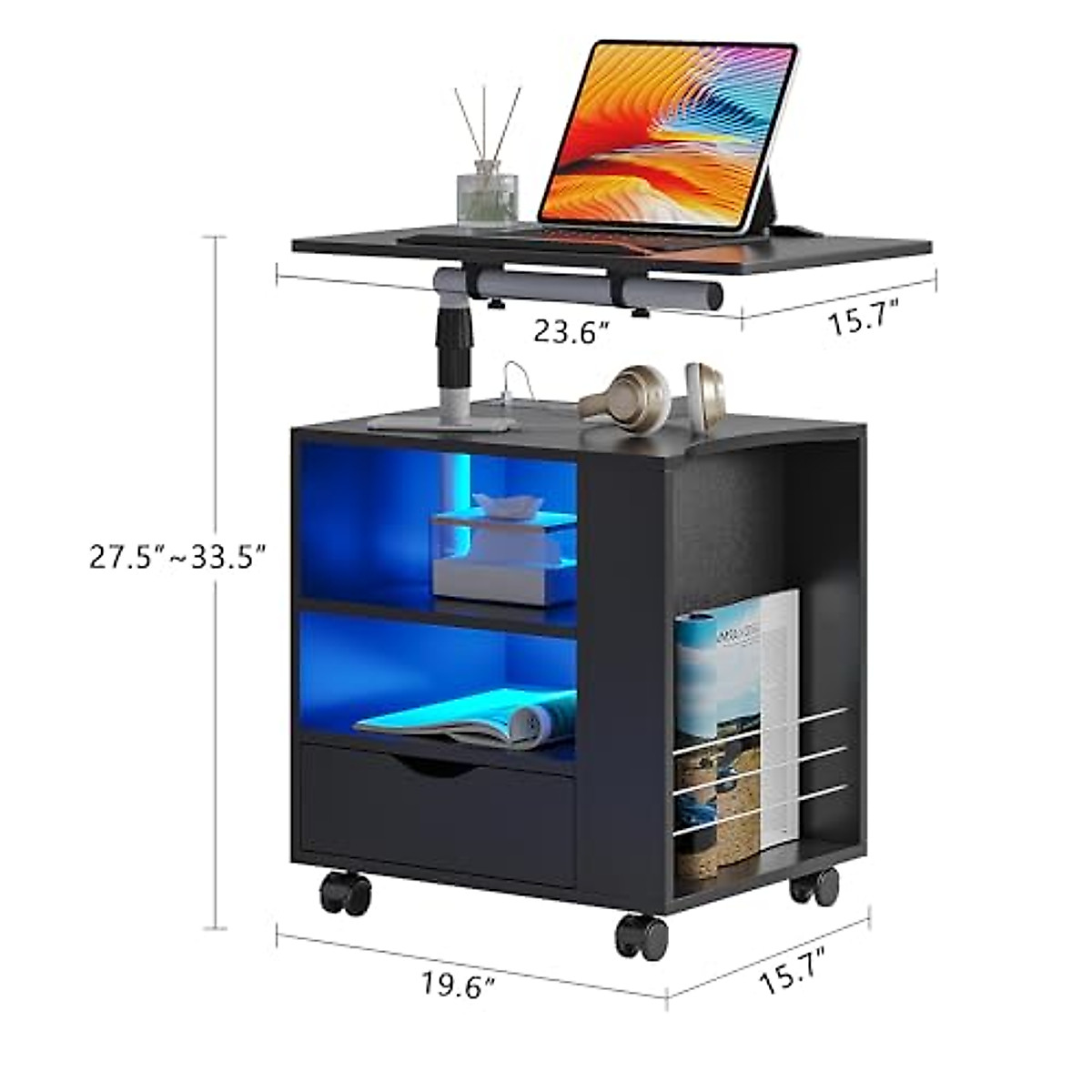 HNEBC LED Nightstand with Wireless Charging Station,Nightstand Has Adjustable Rotary Table,Bedside Tables with One Drawer and 2 Mezzanines/Infrared Induction 3 Color Lighting (On The Right)