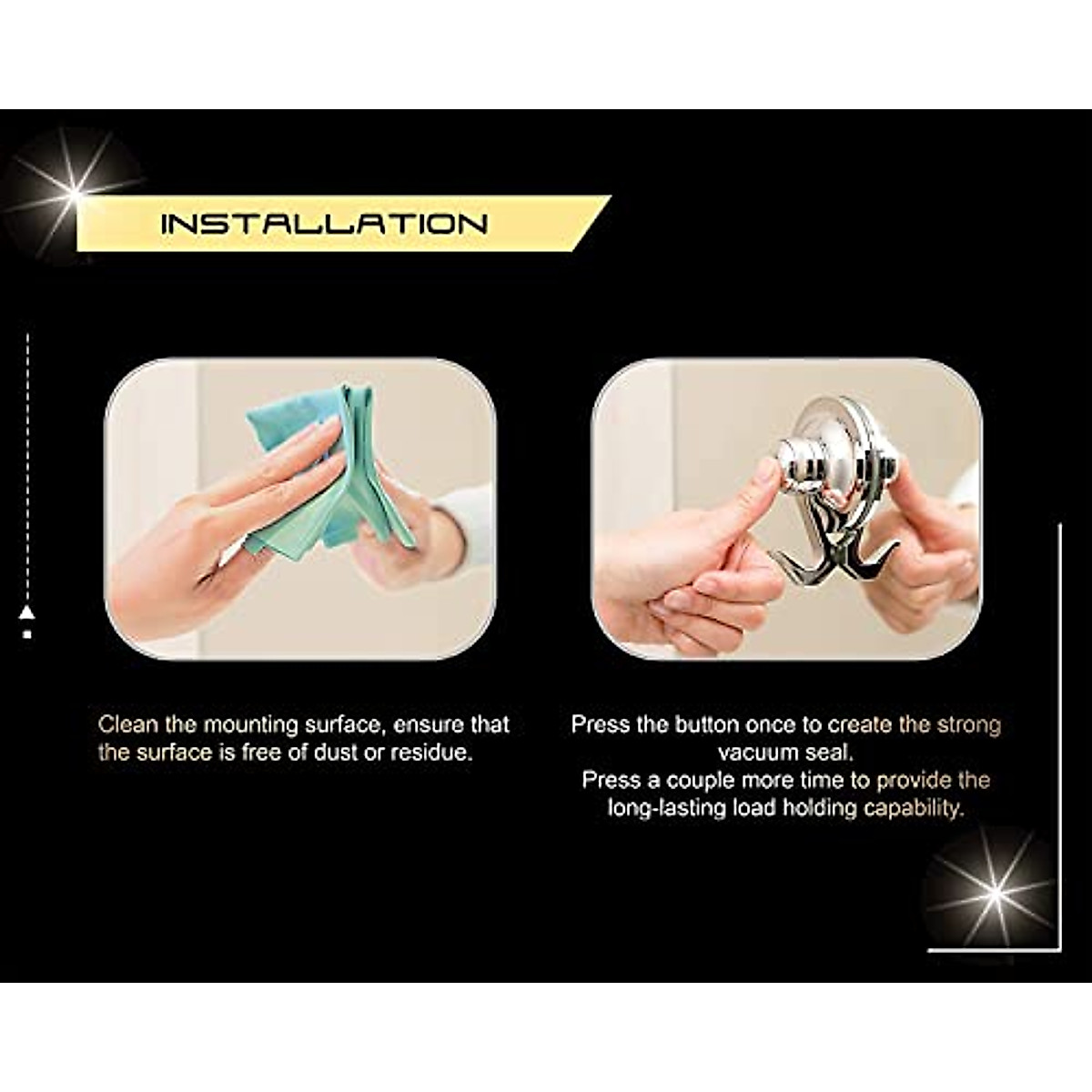 KiahLoc Patented Yellow Ring Indicator Suction Cup Double Rectangular Shelf, Removable Wall Vacuum Holder for Smooth Tile, Glass and Mirror, ABS Hook Cup Hold up to 22lb (Black)