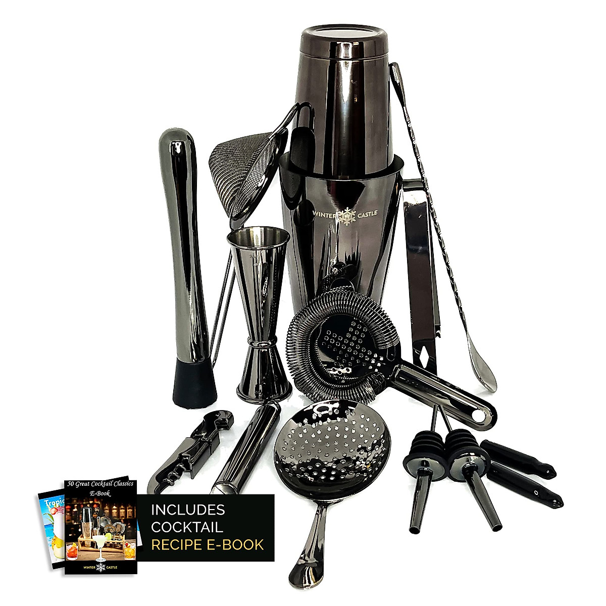 Cocktail Shaker Set 16 Piece, Mixology Essential, All-in-One Cocktail Set, Drink Shaker, Strainers and Essential Bar Tools, Bar Set for Beginner & Professional Use, Black - WinterCastle Enterprises