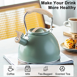 3.2 Quart Whistling Tea Kettle for Stove Top Stainless Steel Tea Pots With Wood Pattern Anti-slip Handle, Green…