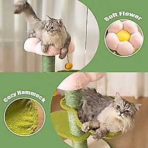 PET WONDERLAND Cute Cat Tree 29 Inches Pink Flower Cat Tower with Scratching Post for Small Cats,Green Cat Hammock Bed,Plush Perch,Cozy Platforms,Unique cat Scratcher,Cat Furniture for Indoor Cats