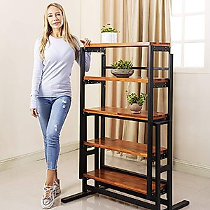 Organizedlife 55'' Convertible 2 in 1 Shelf to Table,Bookshelf Desk & Dining Table with Solid Mahogany Top with Steel Legs Metal for Small Spaces