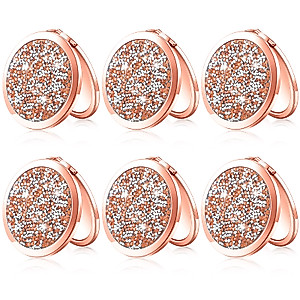 Yulejo 6 Pieces Magnifying Compact Cosmetic Mirror Mini Diamond 1X/ 2X Makeup Mirror 2.75 Inch Round Pocket Travel Makeup Folding Small Purse Size Mirror for Women Girls Bridesmaid Gift(Rose Gold)
