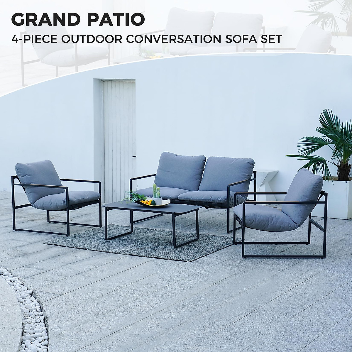 Grand patio 4-Piece Patio Furniture Set, Outdoor Patio Conversation Sofa Set with Cushion, Modern Metal Couch Loveseat Chairs and Coffee Table for Porch Deck Garden Balcony Backyard Living Room