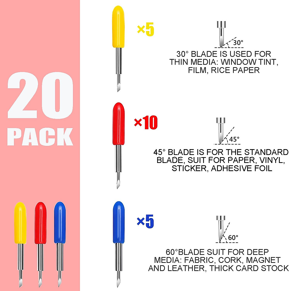20 Pcs Replacement Blades for Cricut Explore Air2/Air 3 /Maker Cutting Machines - Including 5PCS Fine-Point Blades, 10PCS Standard Blaeds and 5PCS Deep Cutting Blades for Replacement Cricut Blades