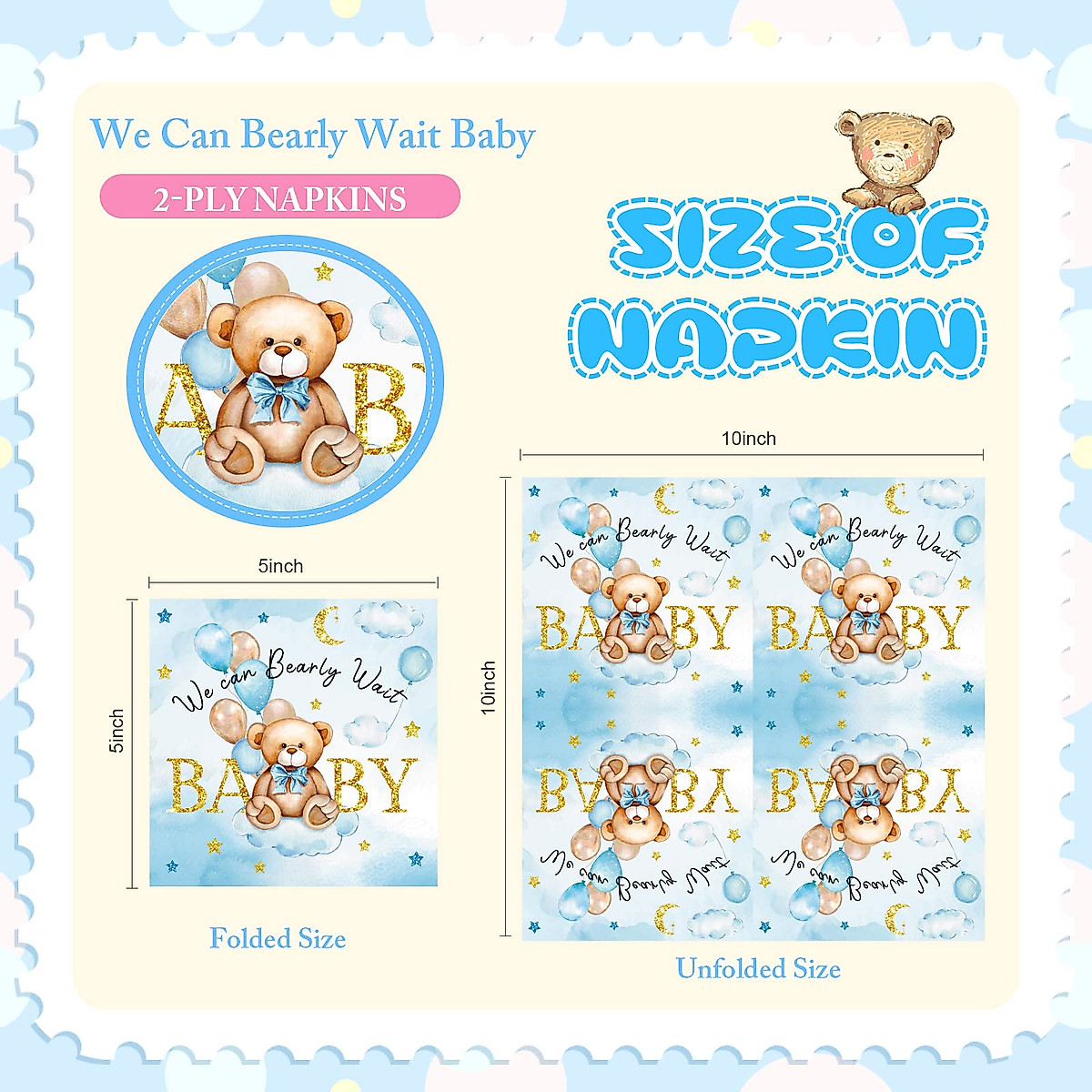 100 Pcs We Can Bearly Wait Baby Shower Napkins, Baby Shower Decorations for Boy, Bear Favors Napkins Cocktail Dessert Disposable Napkin Paper for Boy or Girl Gender Reveal Party Supplies (Blue Gold)