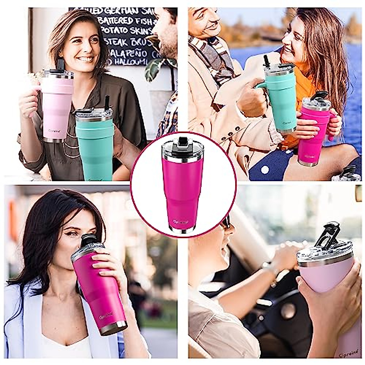 Opreine 32oz Insulated Tumbler with Straw and Handle, Double Wall Vacuum Stainless Steel Tumbler Coffee Mug Cup, Fit for Car Holder, Sweat Proof, Leak Proof, Dishwasher Safe, Hot Pink