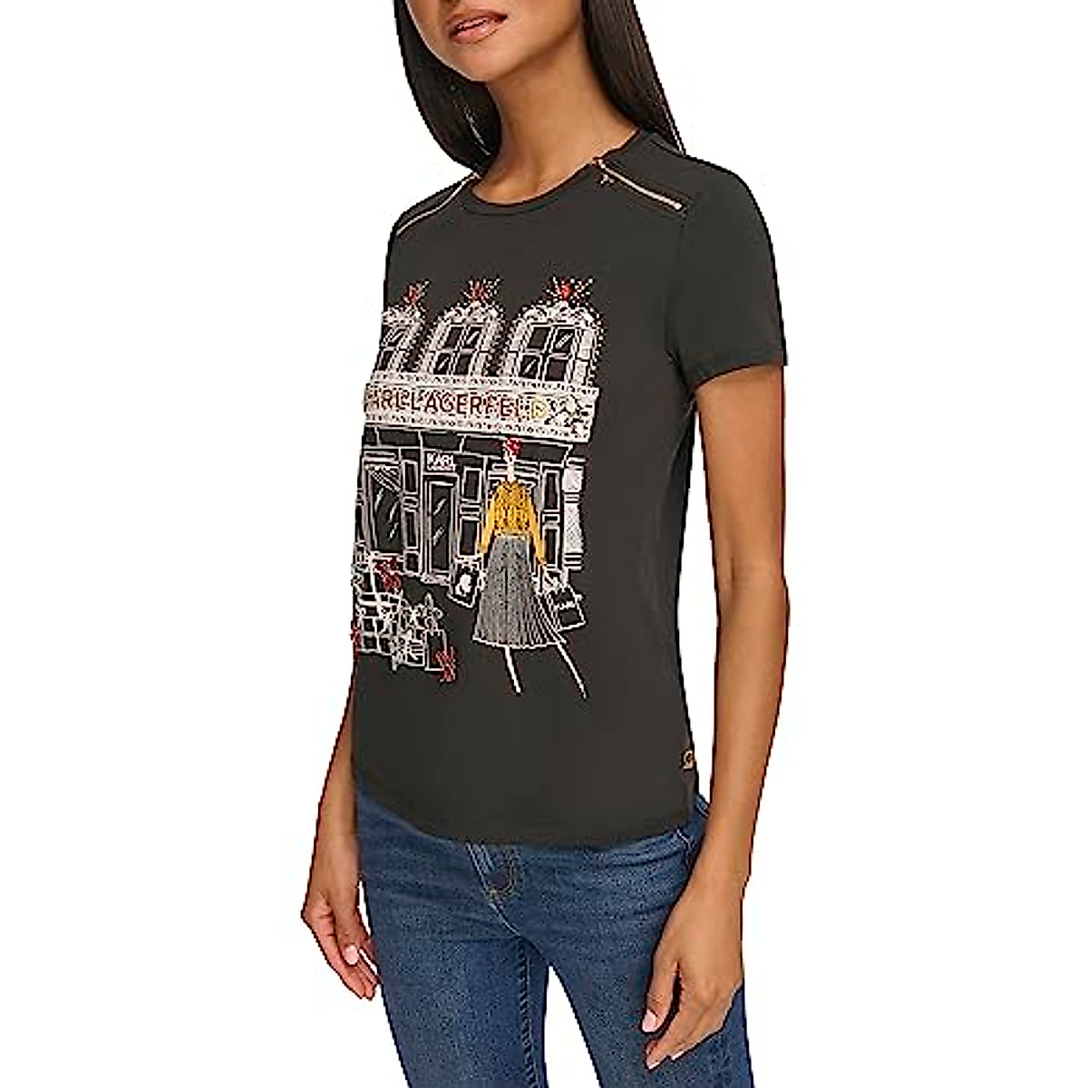 Karl Lagerfeld Paris Women's Logo Tee Zipper Shoulder Detail Short Sleeve, Black