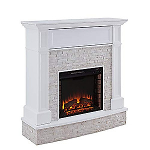 SEI Furniture Jacksdale Faux Stone Accent Electric Hidden Media Shelf Fireplace, White