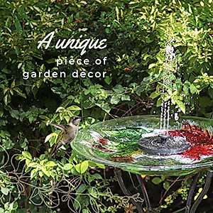 Grateful Gnome Hand-Painted Glass Bowl Bird Bath w/Solar Fountain - Red Ruby Flower Design