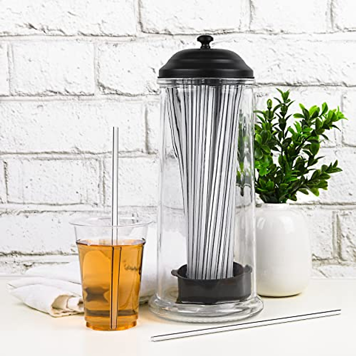 Straw Dispenser with Stainless Steel Lid | Glass Straw Holder for Counter with Lid | Drinking Straw Dispensers | Straw Container | Holds Straws up to 8.5 Inches, Black