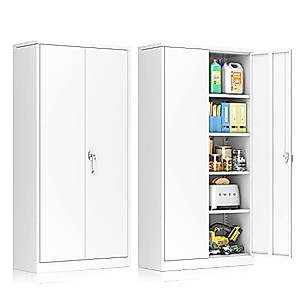 Greenvelly White Metal Storage Cabinet, 72" Locking Storage Cabinets with Doors and 4 Shelves, Tall Tool Storage Cabinet for Garage, Steel Lockable File Cabinet Metal Locker for Home Office, Classroom