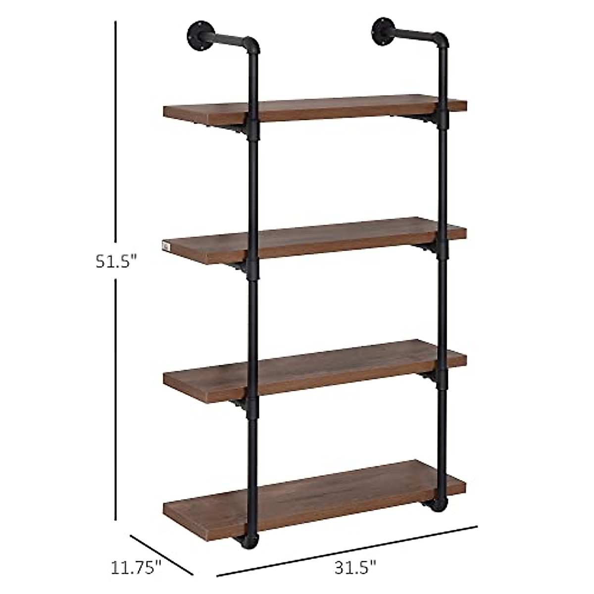 HOMCOM 4-Tier Industrial Pipe Shelves Floating Wall Mounted Bookshelf, Metal Frame Display Rack, 1.25" Thickness Shelving Unit for Farmhouse, Kitchen, Bar, Rustic Brown