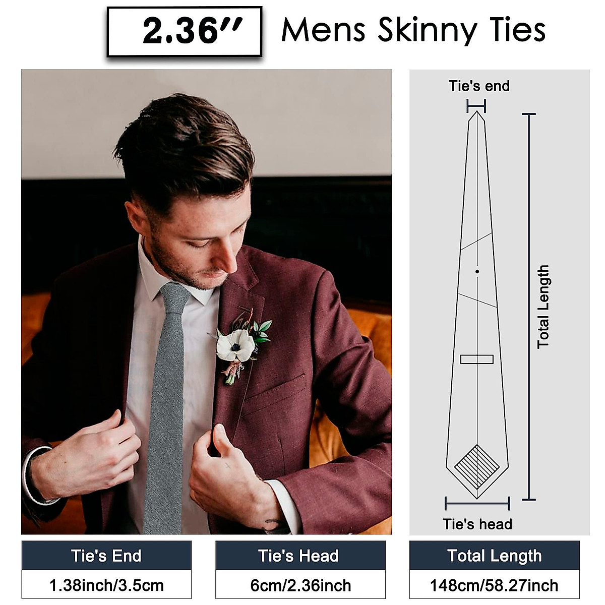 Mantieqingway Mens Ties 2.36" Cotton Skinny Ties for Men Wedding Party Solid Color Necktie (Grey)