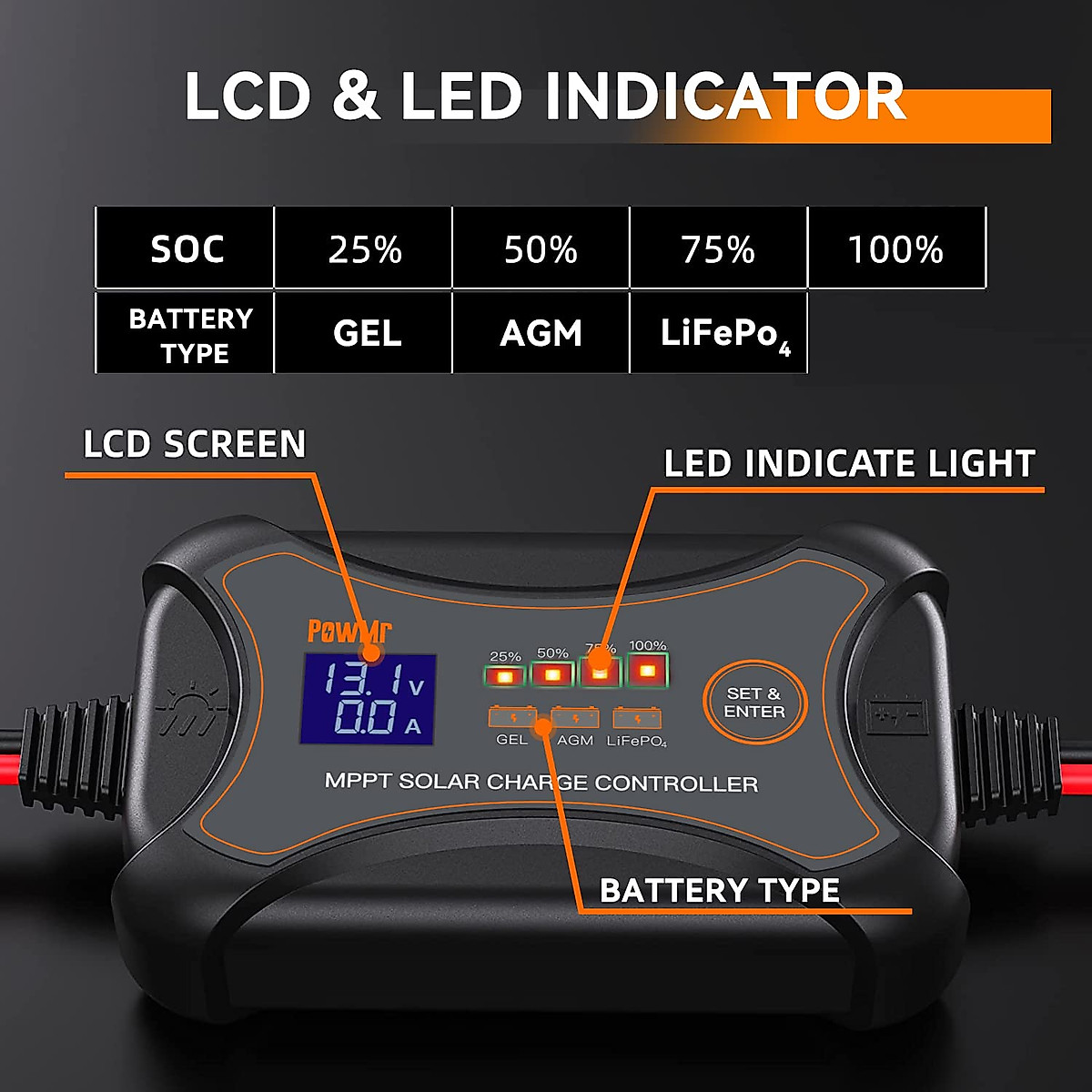10A MPPT Solar Charge Controller 12V, PowMr 10 Amp 12 Volt Solar Panel Regulator with Digital LCD Display, Solar Intelligent Controller for 12V Lead-Acid, LiFePO4, Lithium Batteries