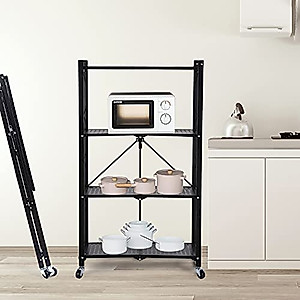 Simple Deluxe 4-Tier Heavy Duty Foldable Metal Rack Storage Shelving Unit with Wheels Moving Easily Organizer Shelves Great for Garage Kitchen Holds up to 1000 lbs Capacity, Black, 1-Pack