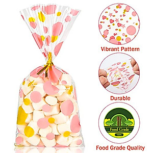 Labeol Cellophane Treat Bags 5x11 Party Favor Bags Candy Bags Goodie Bags Cookie Bags Clear Gift Bags for Valentines Day Birthday Party Wedding Baby Shower Pink Gold