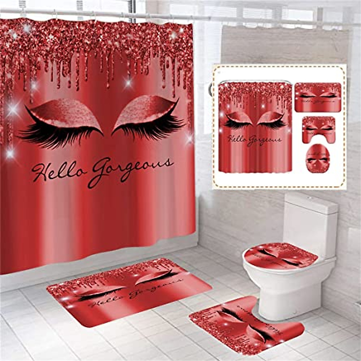 Vivianbuy 4PCS Bling Eyelashes Shower Curtains with Rugs Bath Mat Toilet Lid Cover and 12 Hooks Waterproof Bling Eyes Bathroom Shower Curtain Set(Red)