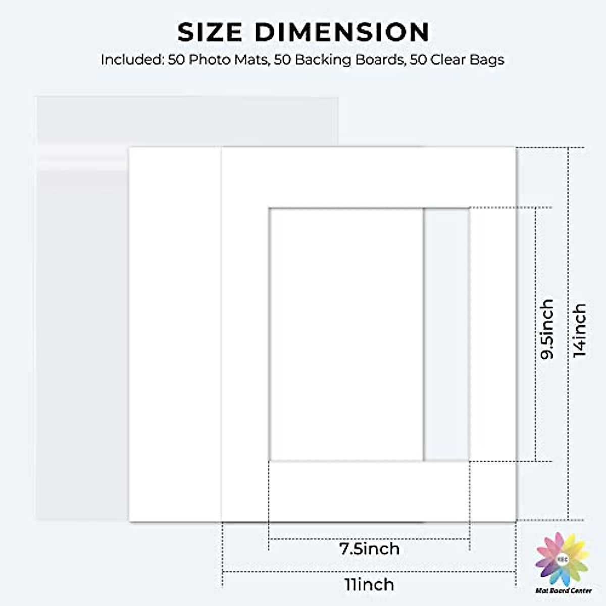 Mat Board Center, Pack of 50, 11x14 for 8x10 - White Mats, Clear Bags, Backing Boards - Acid Free, 4-ply Thickness, White Core - for Pictures, Photos, Framing