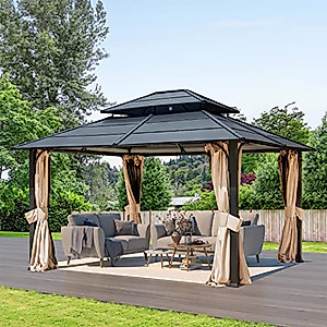 12' x 14' Metal Gazebo W/Double Roof, Anti-Rust Coating Iron Hardtop Sun Shade Shelter Outdoor Canopy & Pergolas w/Curtains and Netting, Steel Grill Gazebo for Patio Garden Lawn Deck, w/Hook Design