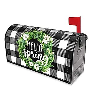 Hello Spring Buffalo Plaid Decor Mailbox Cover Magnetic Magnolia Mailbox Wraps Boxwood Wreath Post Letter Box Cover Home Garden Outdoor Decorations Standard Size 18" X 21"