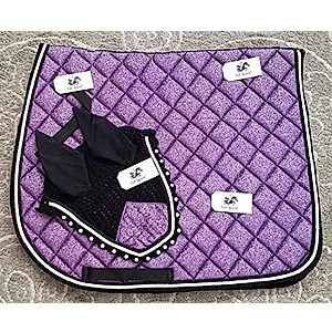Glittery Shine Horse English Saddle Pad Set with Matching Fly Bonnet Set Ear Net Fly Veil (Rose Gold)