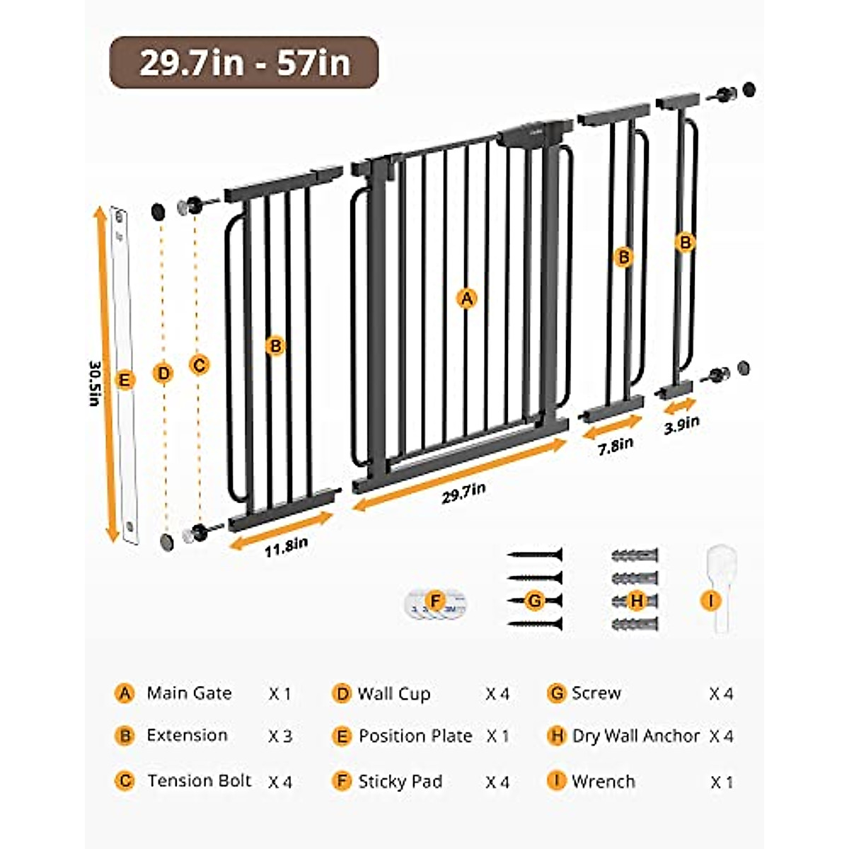 Mom's Choice Awards Winner-Cumbor 29.7-57" Baby Gate for Stairs, Extra Wide Dog Gate for Doorways, Pressure Mounted Walk Through Safety Child Gate for Kids Toddler, Tall Pet Puppy Fence Gate, Black