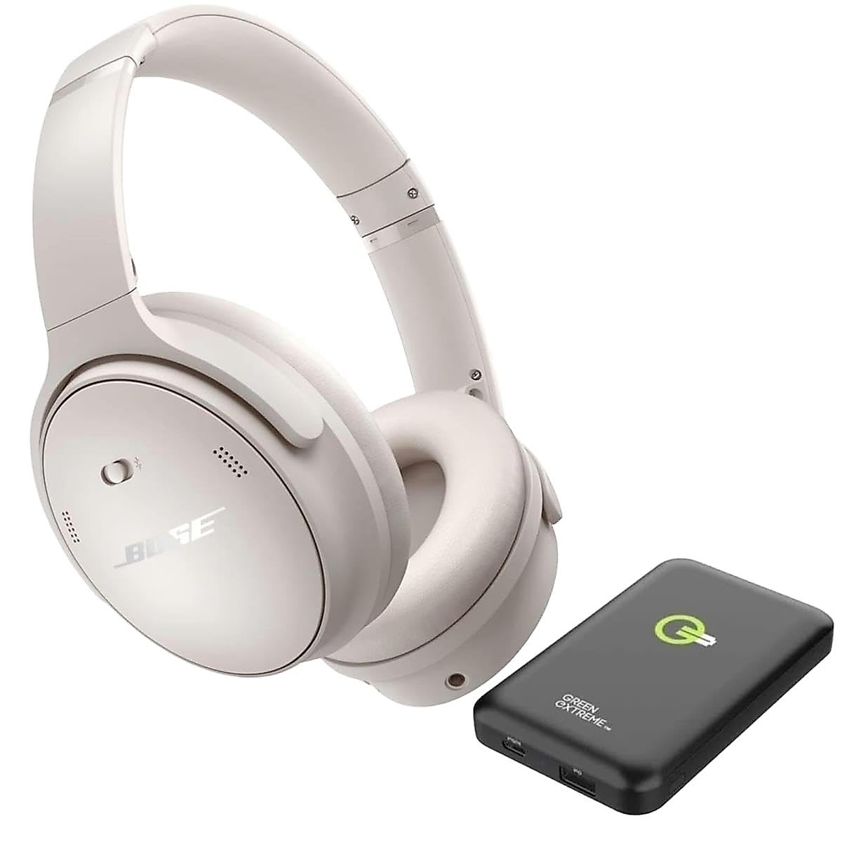 Bose QuietComfort Wireless Noise Cancelling Headphones, Bluetooth Over Ear Headphones with Up to 24 Hours of Battery Life Bundled with Green Extreme Wireless Portable Charger, White Smoke