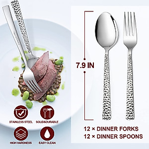 E-far 24-Piece Hammered Forks and Spoons Silverware Set, Stainless Steel Square 12 Dinner Forks and 12 Dinner Spoons, Modern Metal Flatware Cutlery for Kitchen and Restaurant, Dishwasher Safe-7.9 Inch