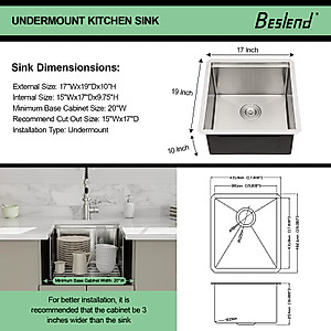 17 Undermount Kitchen Sink - Beslend 17x19 Inch Undermount Sink Ledge Workstation Kitchen Sink Stainless Steel 16 Gauge Single Bowl 10 Inch Deep Bar Prep Sink with Accessories