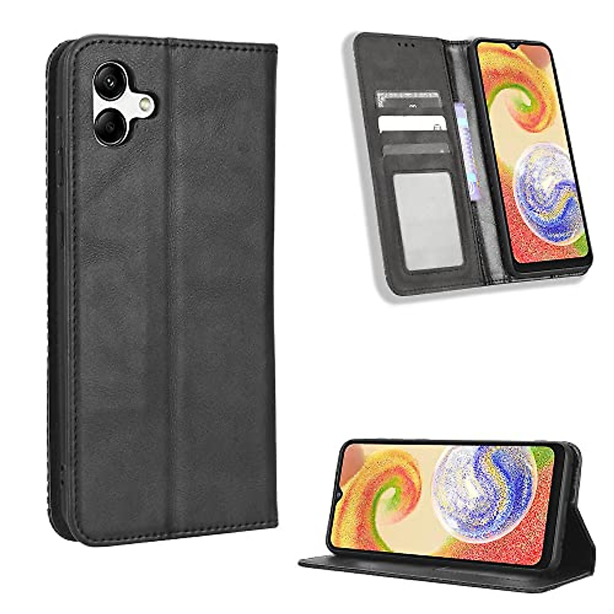for Samsung Galaxy A04 Magnetic Buckle Vintage Leather Case with Kickstand Card Holder Slot All-Round Protection Phone case Anti-Drop for Samsung A04 Galaxy A 04 (Black,Samsung Galaxy A04)