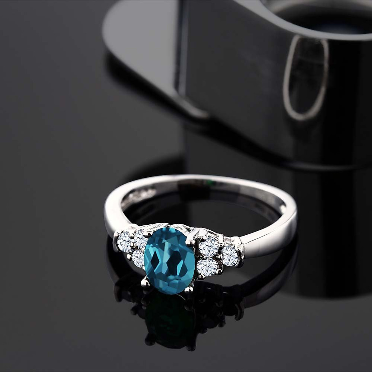 Gem Stone King 925 Sterling Silver London Blue Topaz and White Topaz Ring For Women (0.79 Cttw, Oval 6X4MM, Gemstone Birthstone, Available In Size 5, 6, 7, 8, 9)