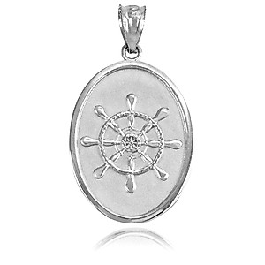 Sterling Silver Nautical Ships Wheel Oval Charm Pendant