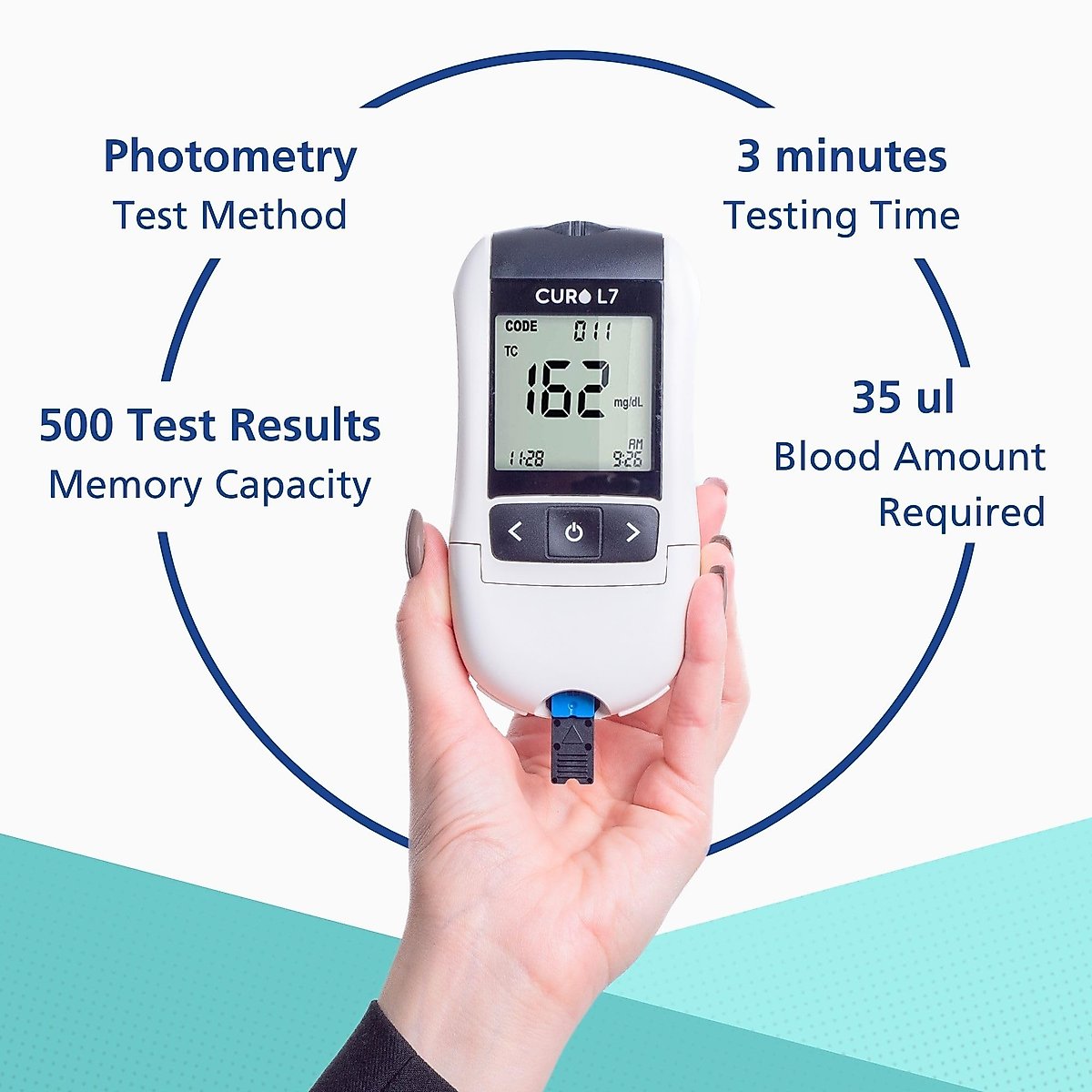CURO L7 - Professional Home Cholesterol Testing with Lipid Blood Test Kit - Easy to Use, Accurate Results, Comprehensive Breakdown, Memory Storage, and Exceptional Support