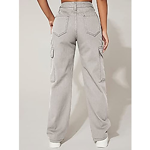MakeMeChic Women's Cargo Jeans High Waist Flap Pocket Straight Leg Denim Pants Petite Light Grey Petite M