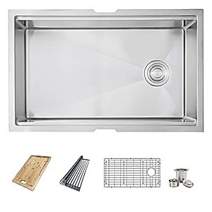AZUNI 30 inch x 19 inch Single Bowl Undermount 16G Reversible Kitchen Ledge Workstation Sink with Grid, Luxury Basket Strainer, Drying Rack and Bamboo Cutting Board, C131L