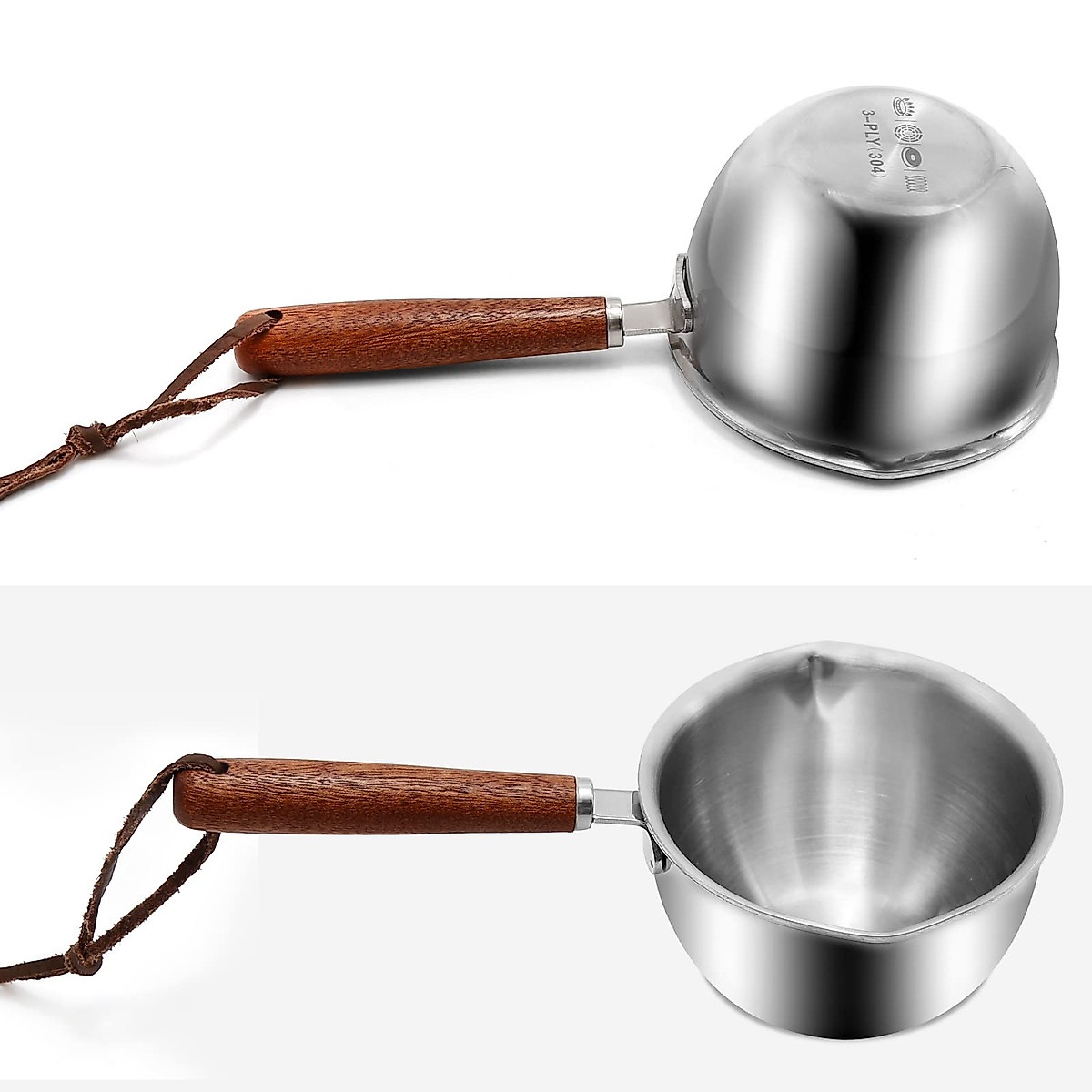 200ml/ 6.7oz Butter Warmer Pan with Dual Pour Spouts, Stainless Steel Milk Warmer Pot, Long Heat- Resistant Handle Small Sauce Pan for Stove Top, Chocolate Melting, Coffee Tea Soup Warming