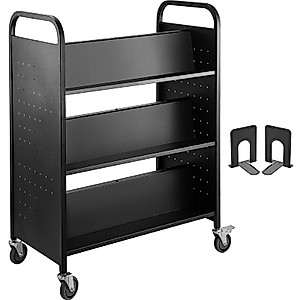 VEVOR Book Cart, Library Cart 6-Shelf, Rolling Library Book Cart Double Sided W-Shaped Sloped Shelves with 4-Inch Lockable Wheels, for Home Shelves Office and School Book Truck in Black