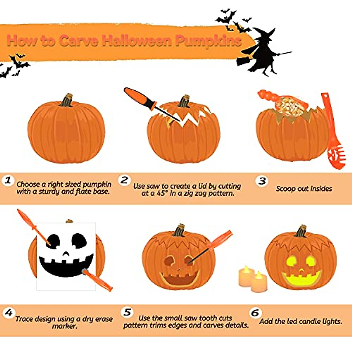 Pumpkin Carving Kit for Kids - 6 Halloween Pumpkin Carving Tools Set, 6 LED Candles, 4 Balloon Headbands, 6 LED Rings, 6 Pumpkin Stickers, 10 Pumpkin Carving Stencils for Halloween Decorations