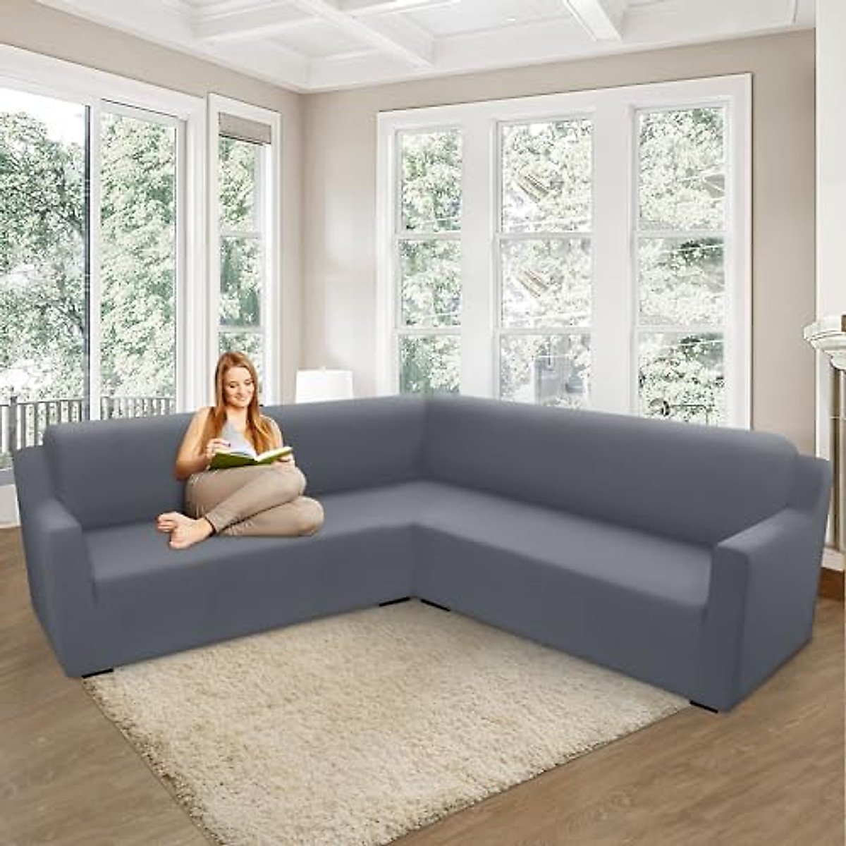 Arfntevss Corner Sectional Couch Covers L Shape Sofa Cover Magic Stretch Sectional Slipcover Set Water Repellent and Washable U Shaped Sofa Covers Living Room Soft Thick Protector (Light Grey, Large)