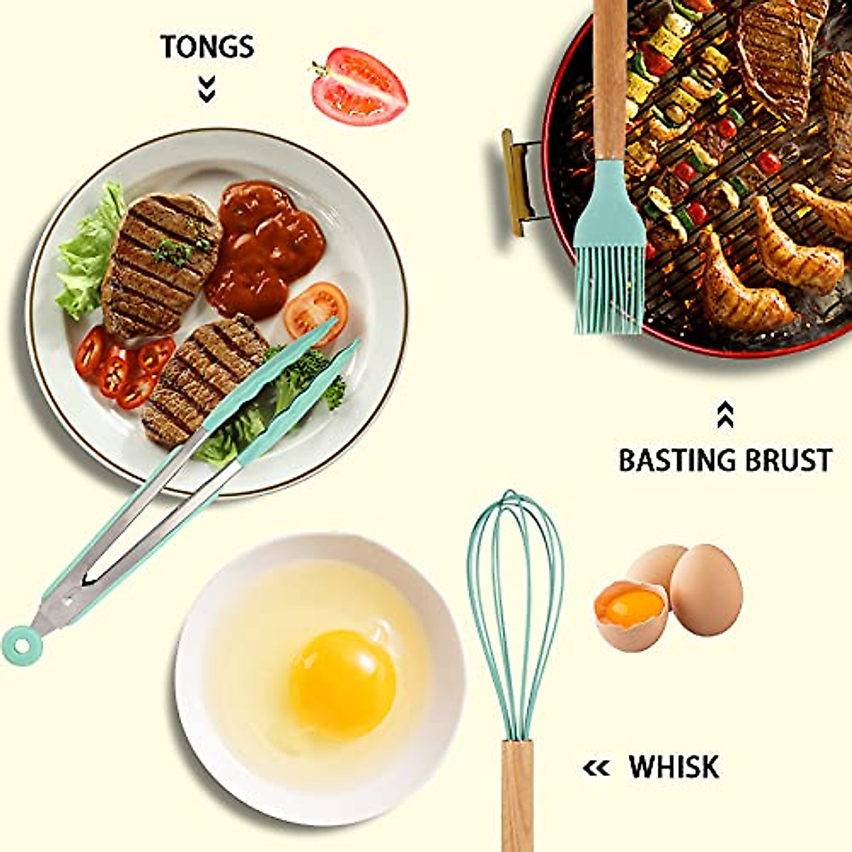 MIBOTE 17 Pcs Silicone Cooking Kitchen Utensils Set with Holder, Wooden Handles Cooking Tool BPA Free Turner Tongs Spatula Spoon Kitchen Gadgets Set for Nonstick Cookware (Teal)