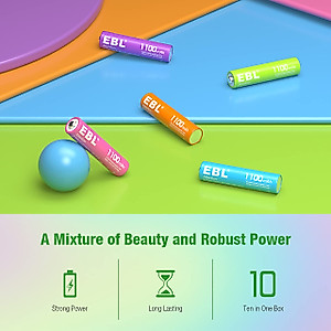 EBL Rechargeable AAA Batteries 10 Pack High Capacity 1100mAh (10 Pack- 2 * 5 Color in One Box) 1.2V Ni-Mh Triple AAA Battery ProCyco Technology
