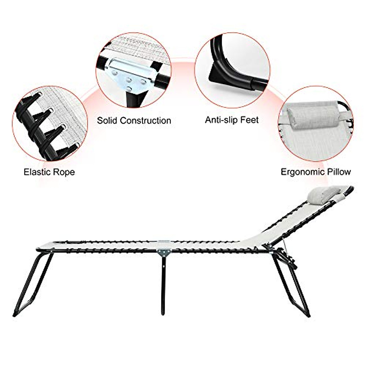 Goplus Beach Lounge Chair, Folding Chaise Lounger with Detachable Pillow & Adjustable 4-Level Backrest & 2-Level Footrest, Sun Bathing Chair for Patio Backyard Garden Outdoor