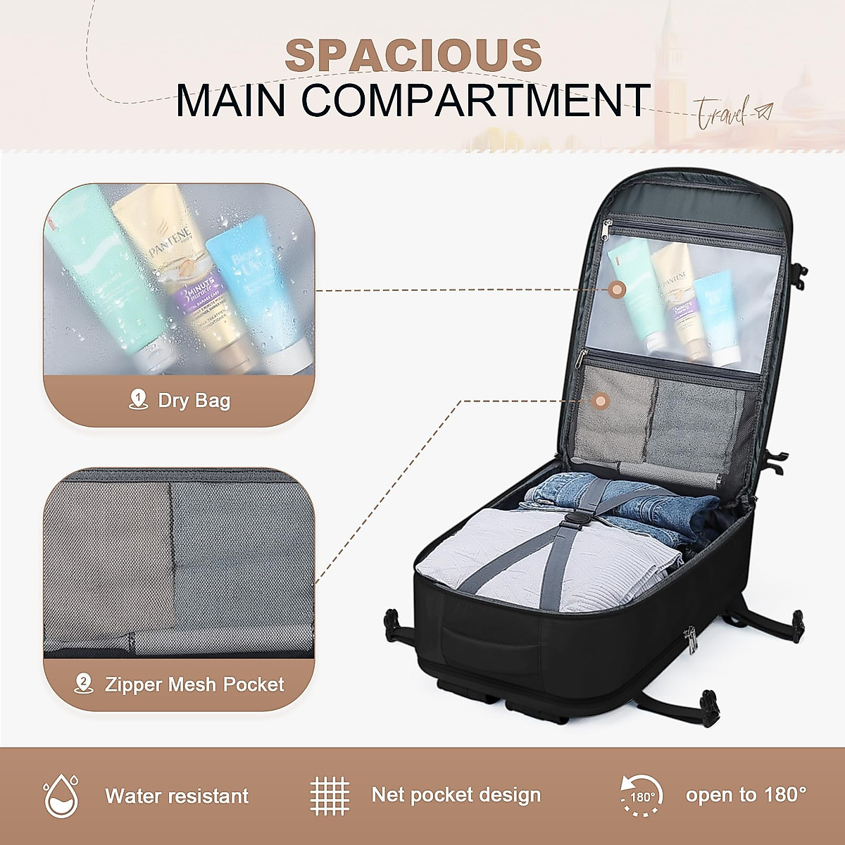 Maelstrom Travel Backpack for Women Men,25L Laptop Backpack Fits 17-Inch Laptop,Waterproof Carry On Backpack for Airplanes with Detachable Crossbody Bag&Shoe Compartment,Black, Medium