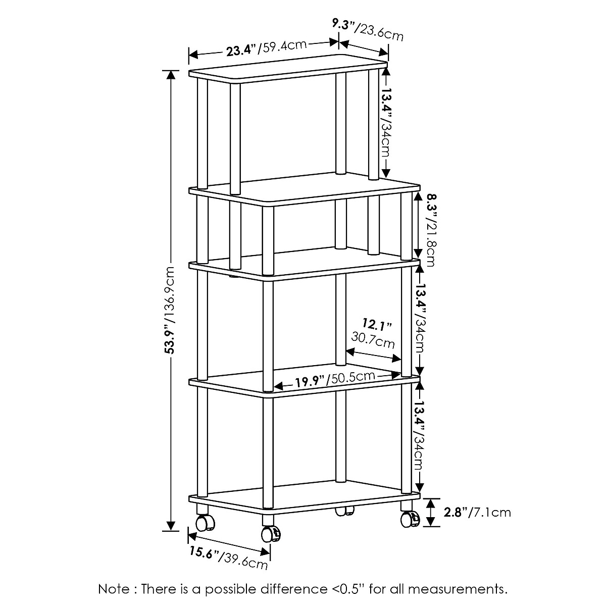 Furinno Turn-N-Tube 5-Tier Toolless Kitchen Storage Cart with Lockable Wheels, Columbia Walnut/Black