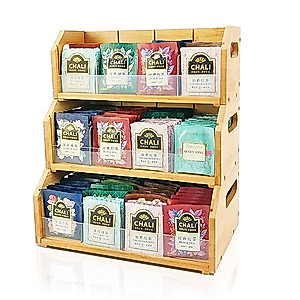 Bamboo Tea Bag Storage Containers- Tea Organizer for Tea Bags Cabinet- Tea Caddy Packet Rack Teabag Shelf Coffee Holders for Office Kitchen- Wooden 3 Tier