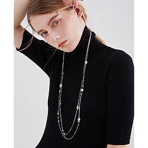 BULINLIN Layered Silver Long Necklace for Women Turquoise Stone Beaded Strand Sweater Chain Necklaces Fashion Costume Jewelry Gifts for Mom(Black)