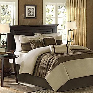 Madison Park Palmer Comforter Set - Faux Suede Design, Striped Accent, All Season Down Alternative Bedding, Matching Shams, Decorative Pillow, Bed Skirt, King (104 in x 92 in), Natural 7 Piece